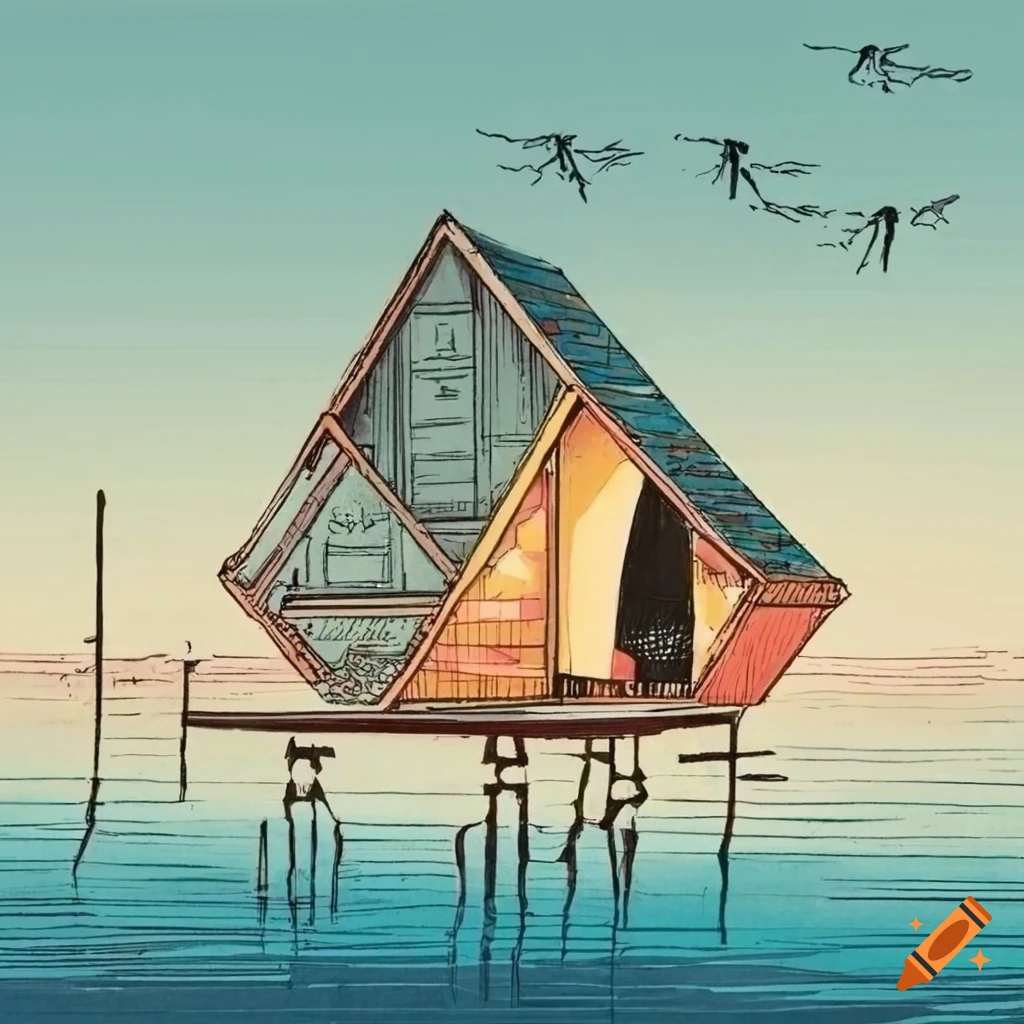 Japanese woodblock style technical drawing of a unique living pod on ...