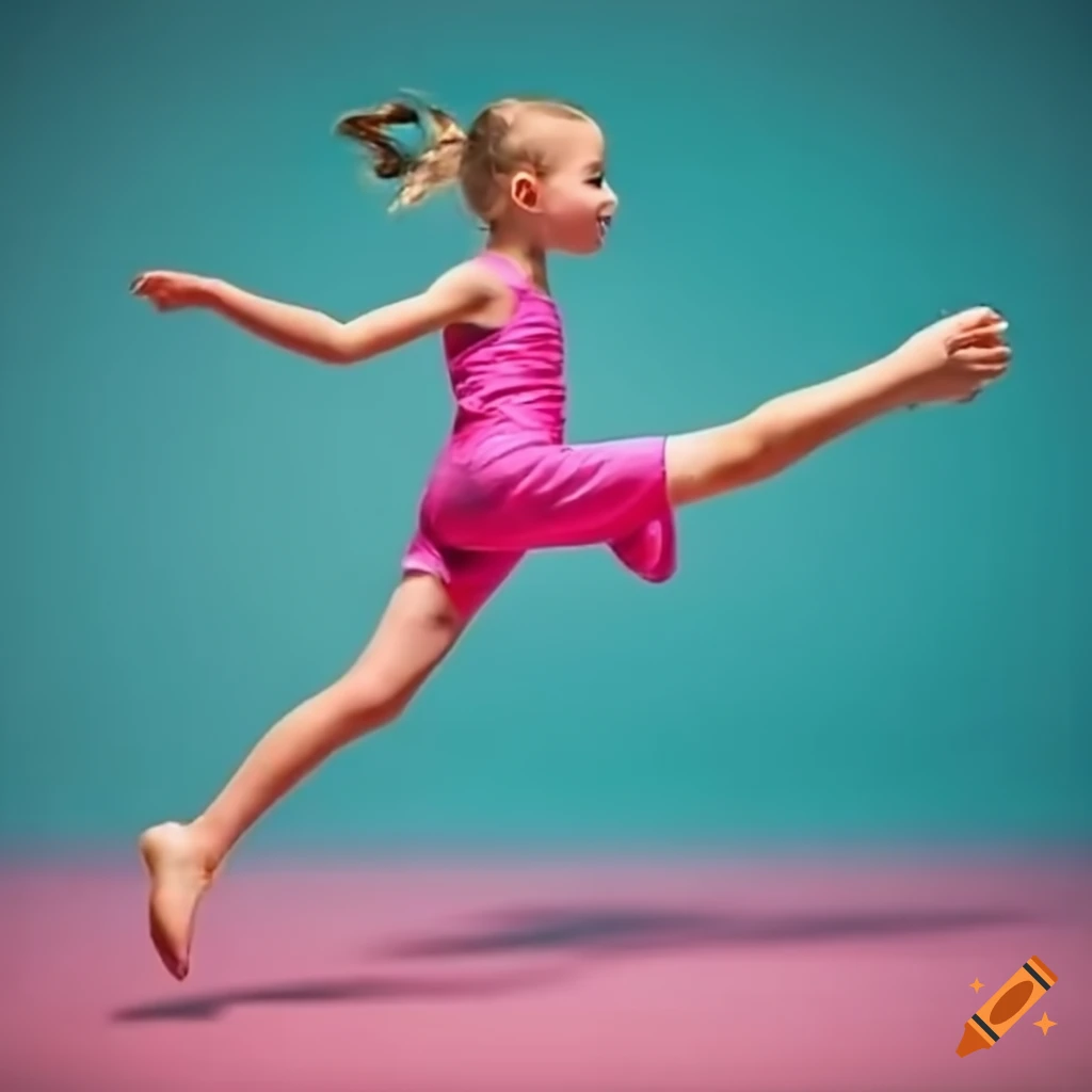 Side view of a blonde girl doing gymnastics jump on Craiyon