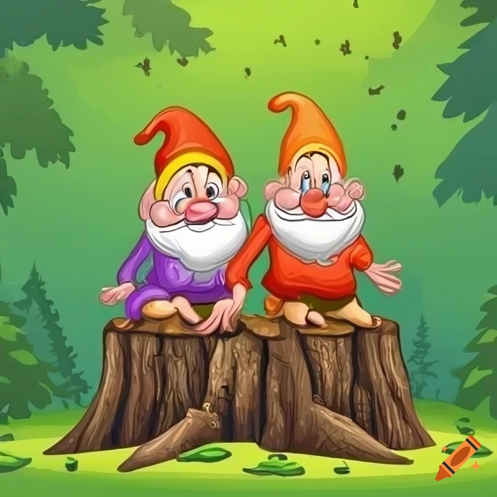 Cartoon dwarfs sitting on a tree stump on Craiyon