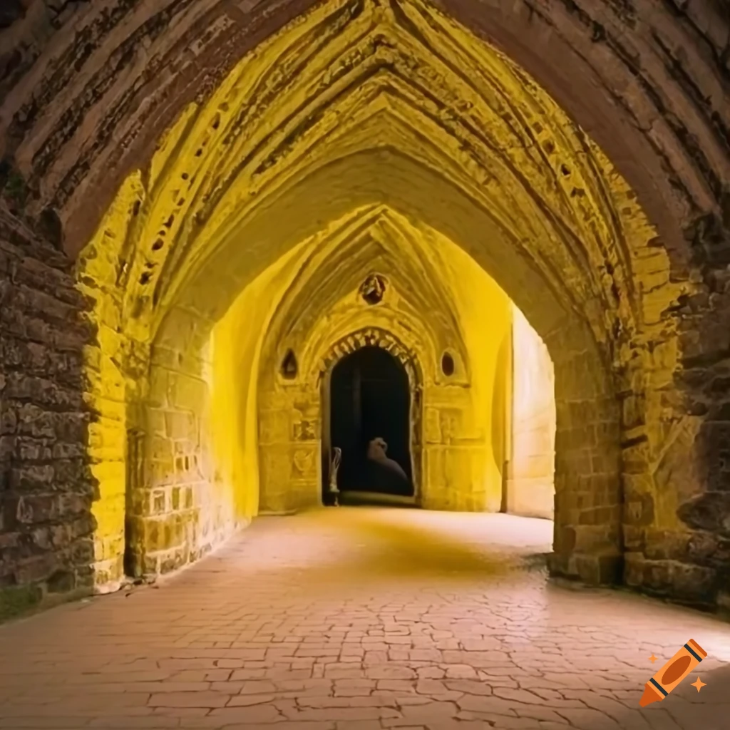 Entrance of a castle with vibrant yellow color