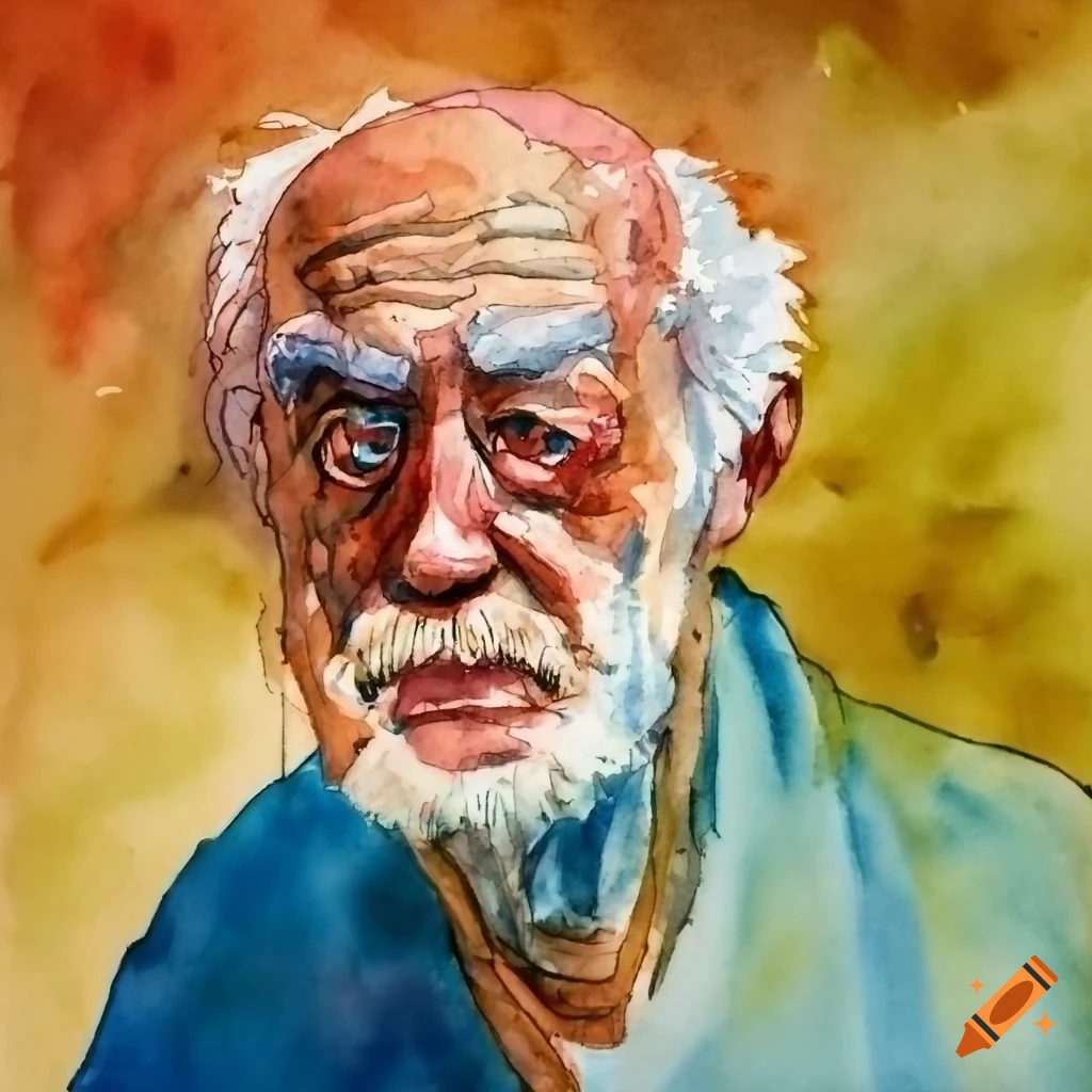 Watercolor painting of an elderly man lost in thought on Craiyon