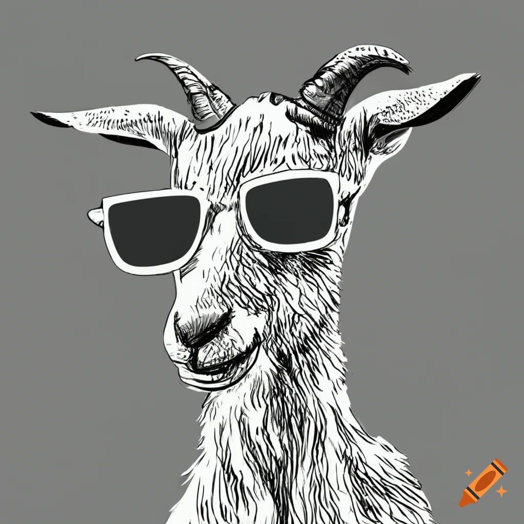 Comical black and white drawing of a goat on green background on Craiyon