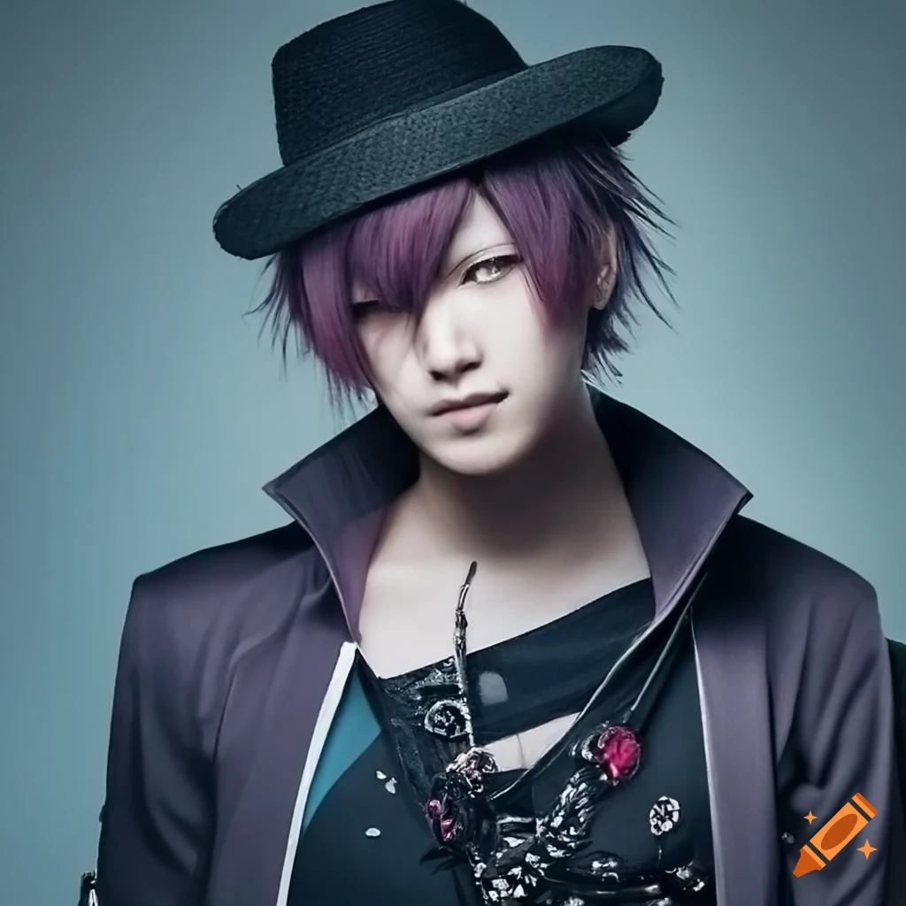 Portrait of Liato Sakamaki with a black hat and green eyes on Craiyon