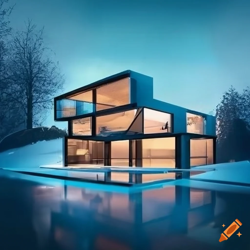 Futuristic modern house with glass windows on Craiyon