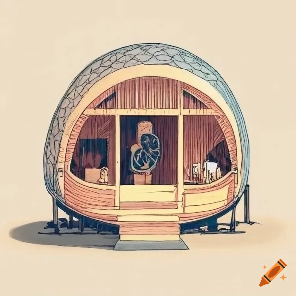 Technical drawing of a japanese-inspired living pod with unique landing ...