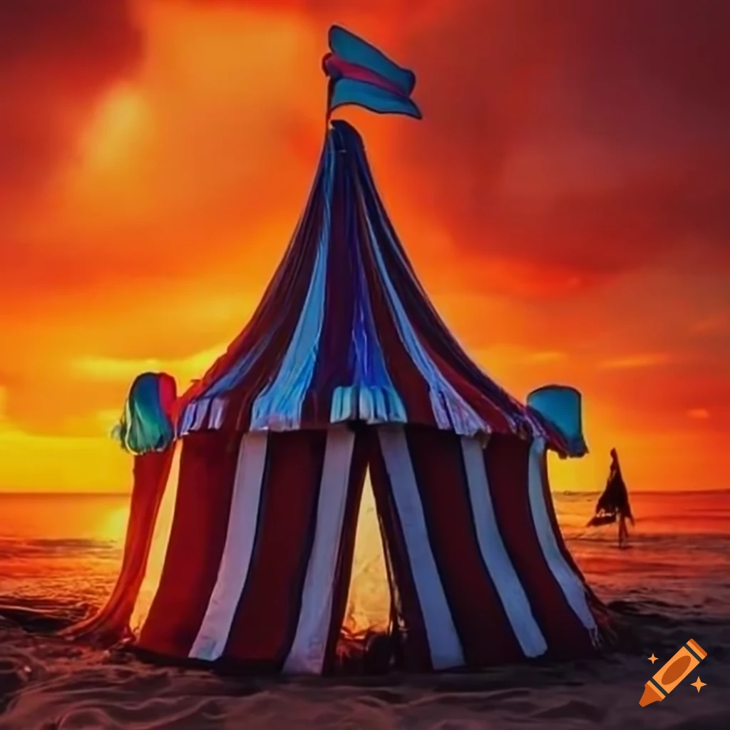 Beach with circus tent in the background on Craiyon