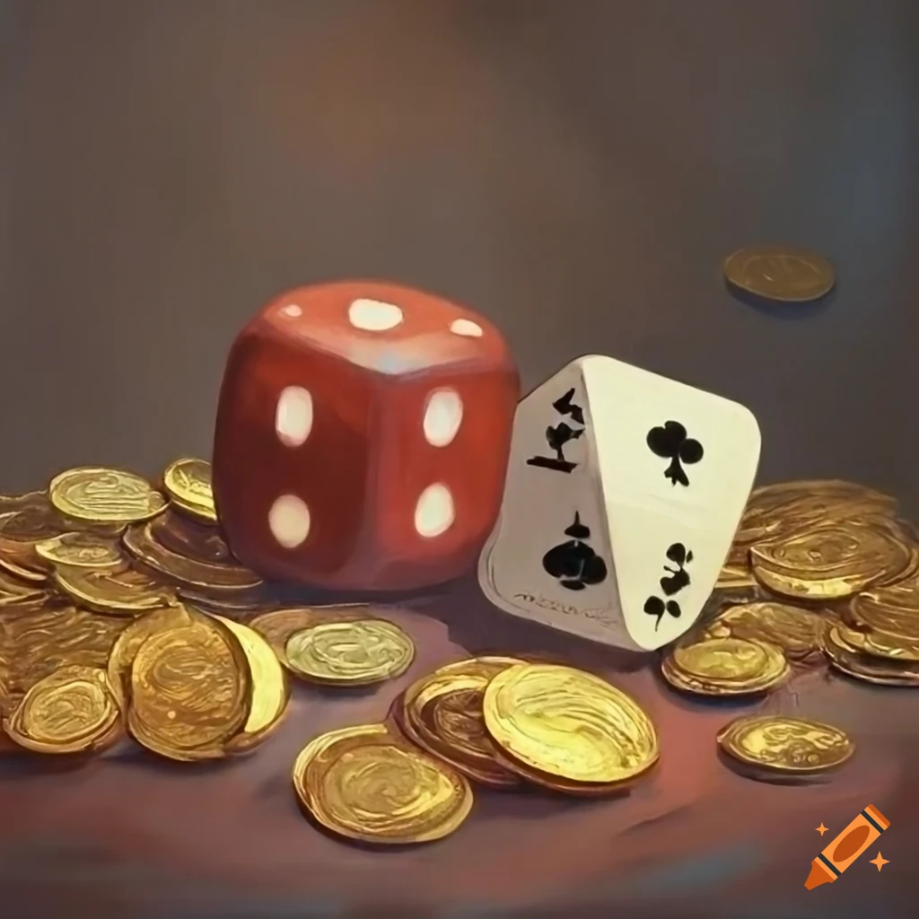 Vintage artwork of playing cards, dice, and gold coins on Craiyon