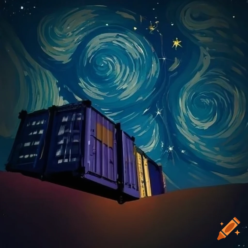 Starry night style shipping container artwork on Craiyon