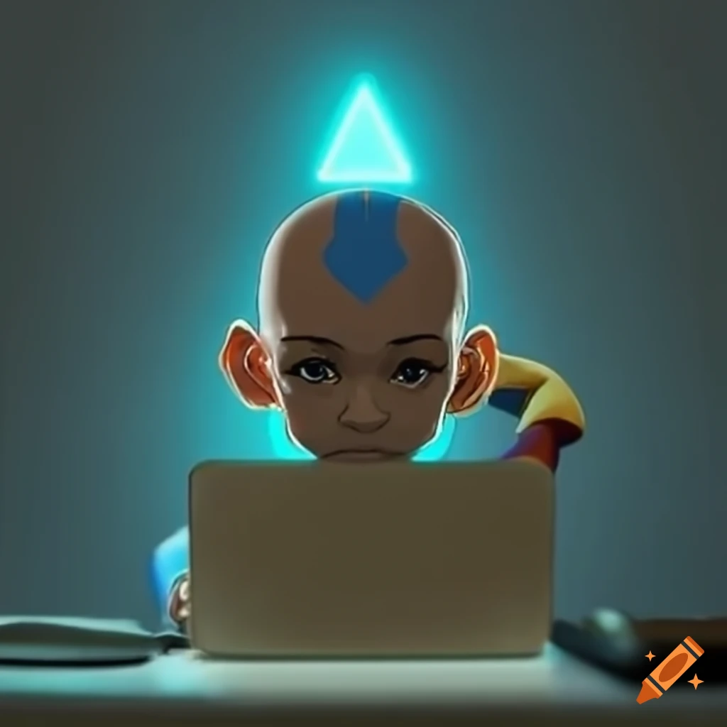 Depressed aang from avatar behind a laptop on Craiyon