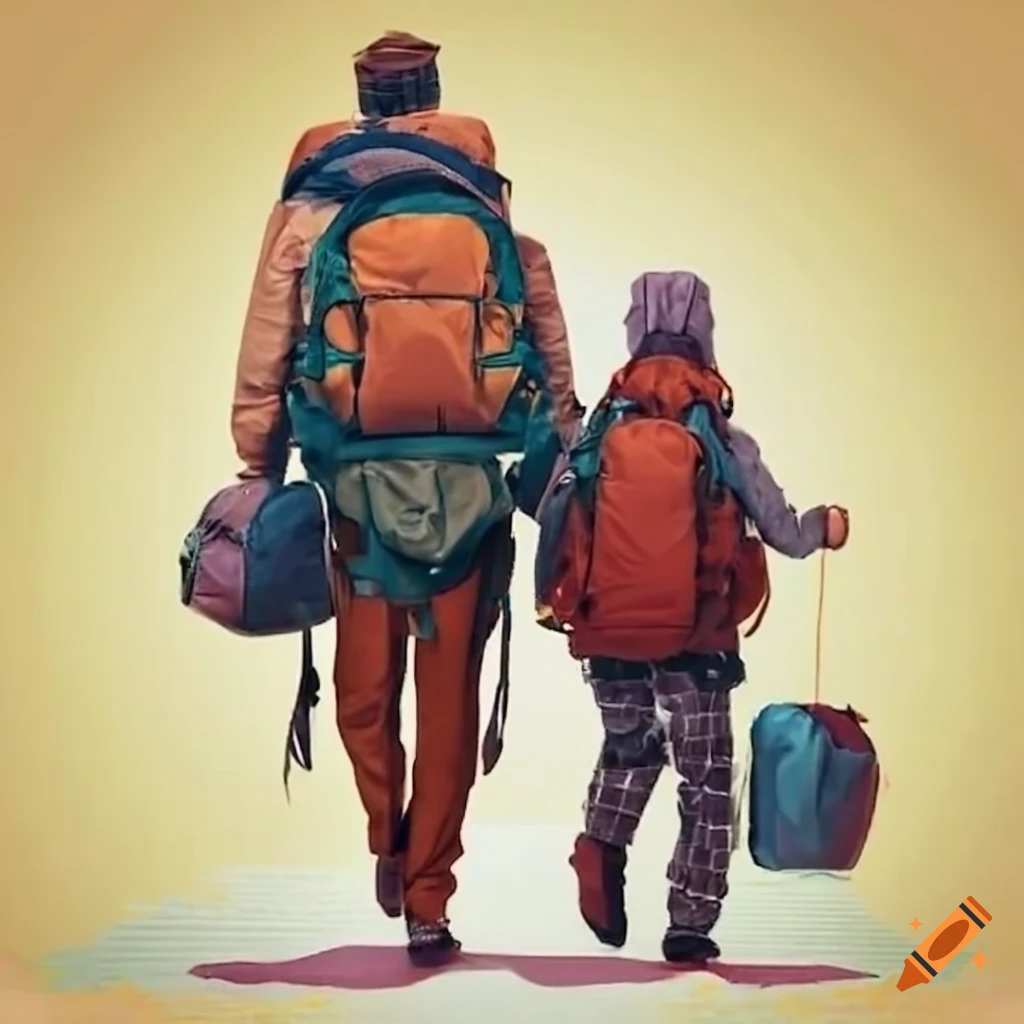 People with backpacks leaving their country on Craiyon