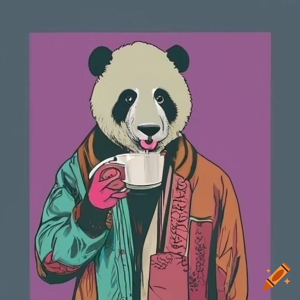 Pop art style panda bear drinking coffee