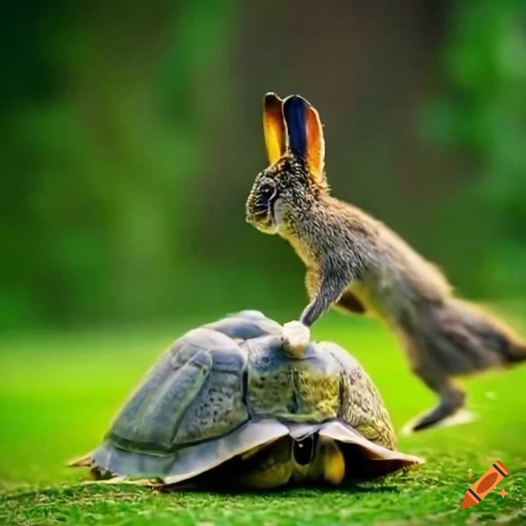 Rabbit racing a turtle on a lush green track on Craiyon