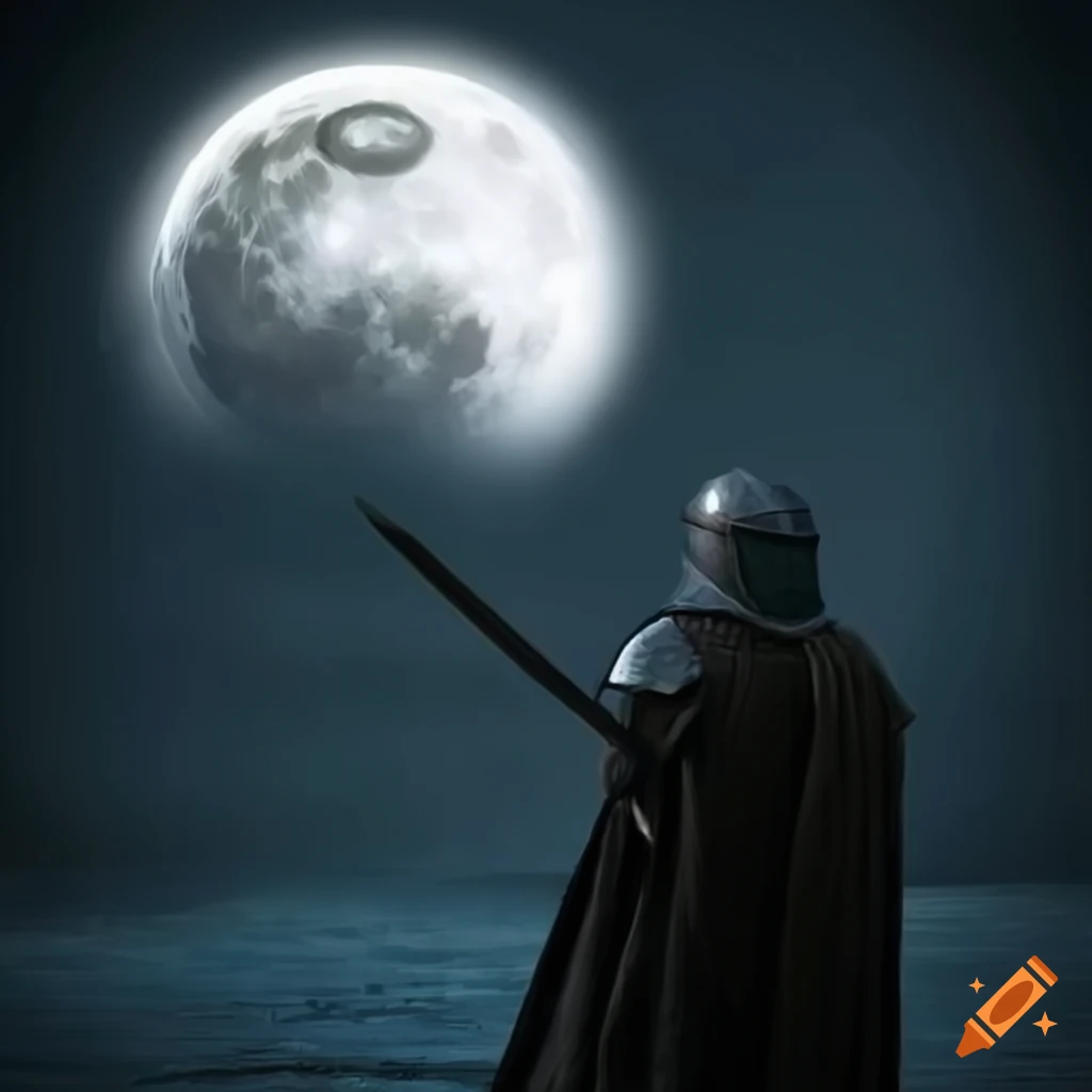 Medieval knight gazing at the moon