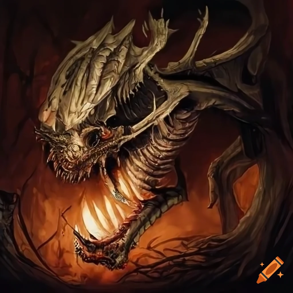 Monster fire bat face long fangs in the style of frank frazetta on Craiyon