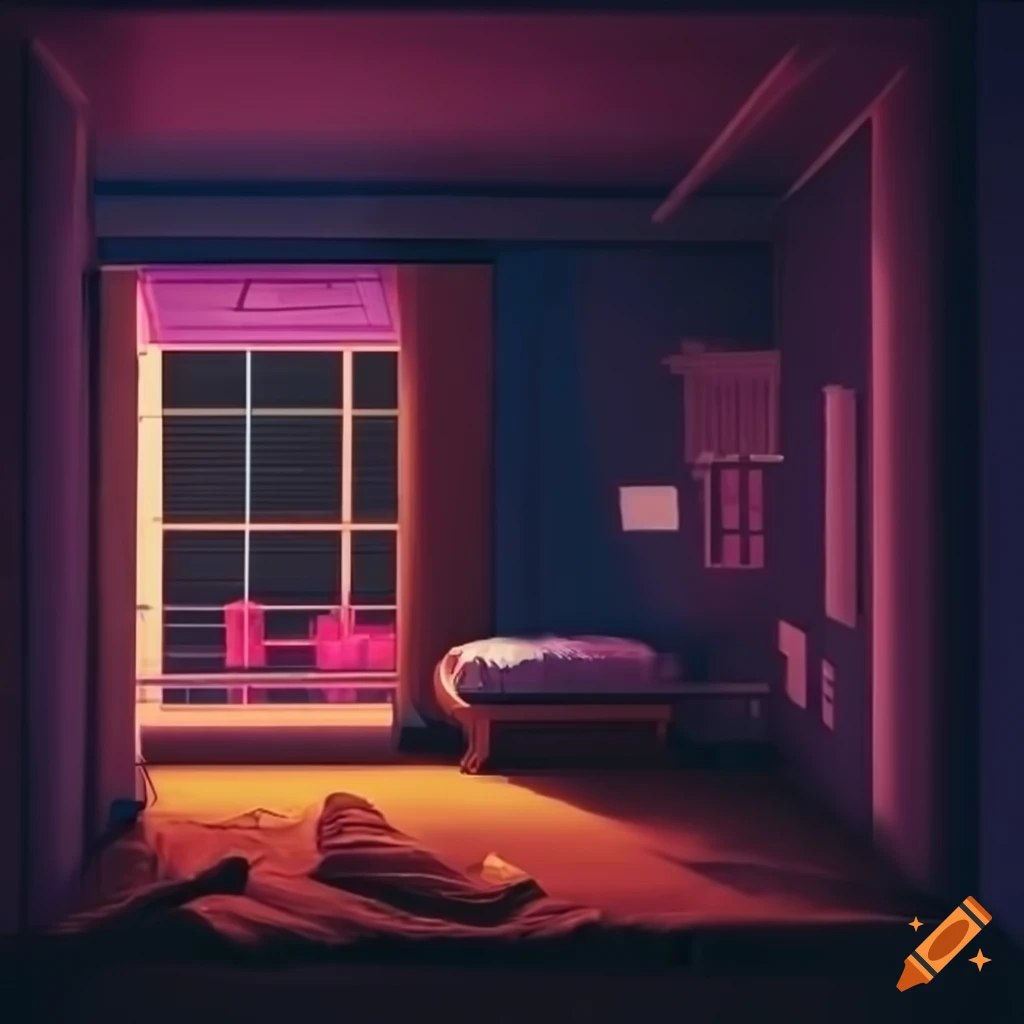 Cozy bedroom with a view of a neon city