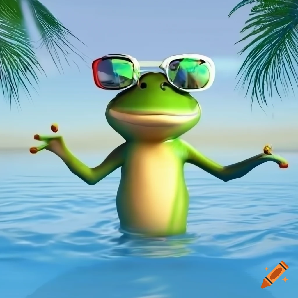 3d art of a cool frog on the beach on Craiyon