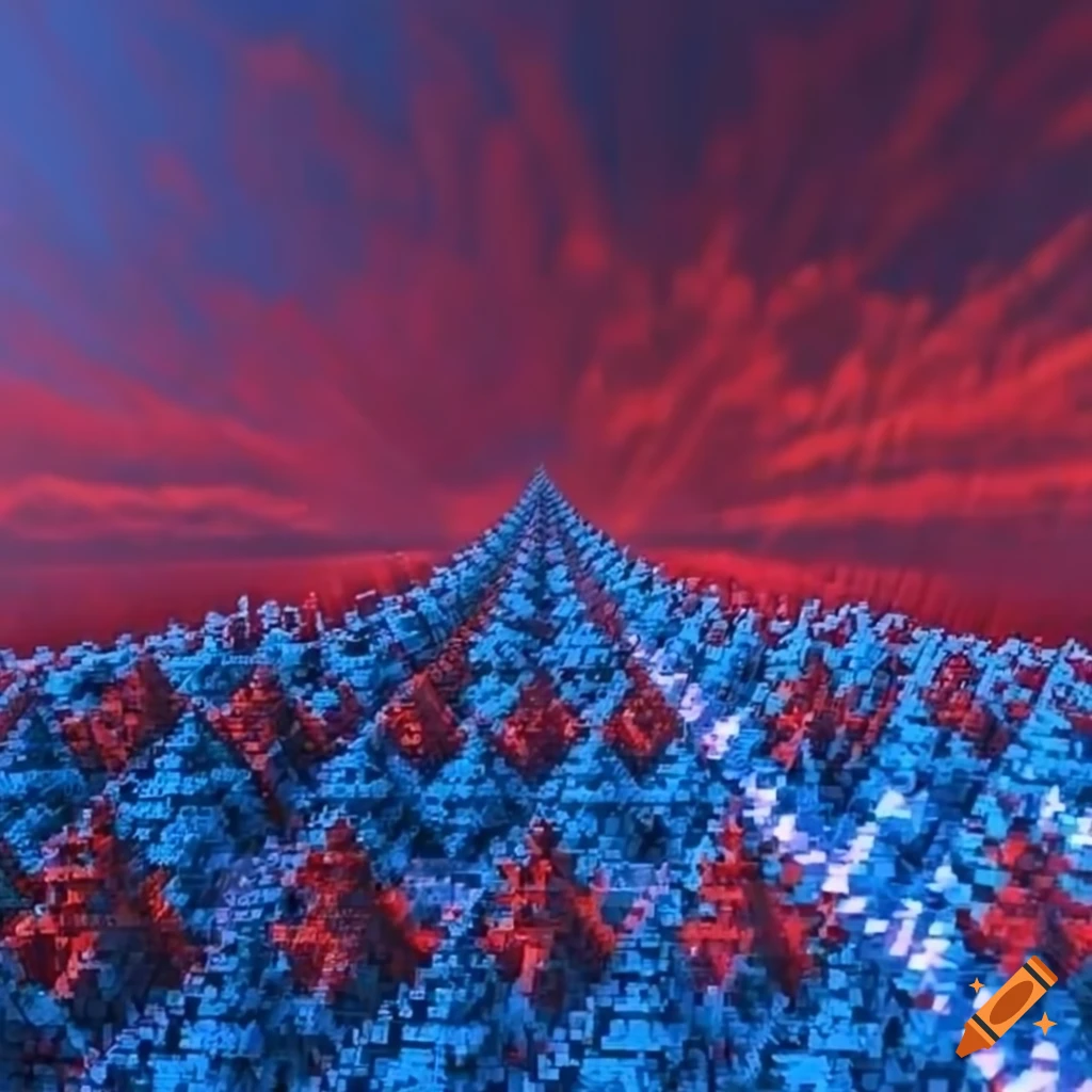 Mesmerizing Sierpinski fractal with red arrows in 3D perspective on Craiyon