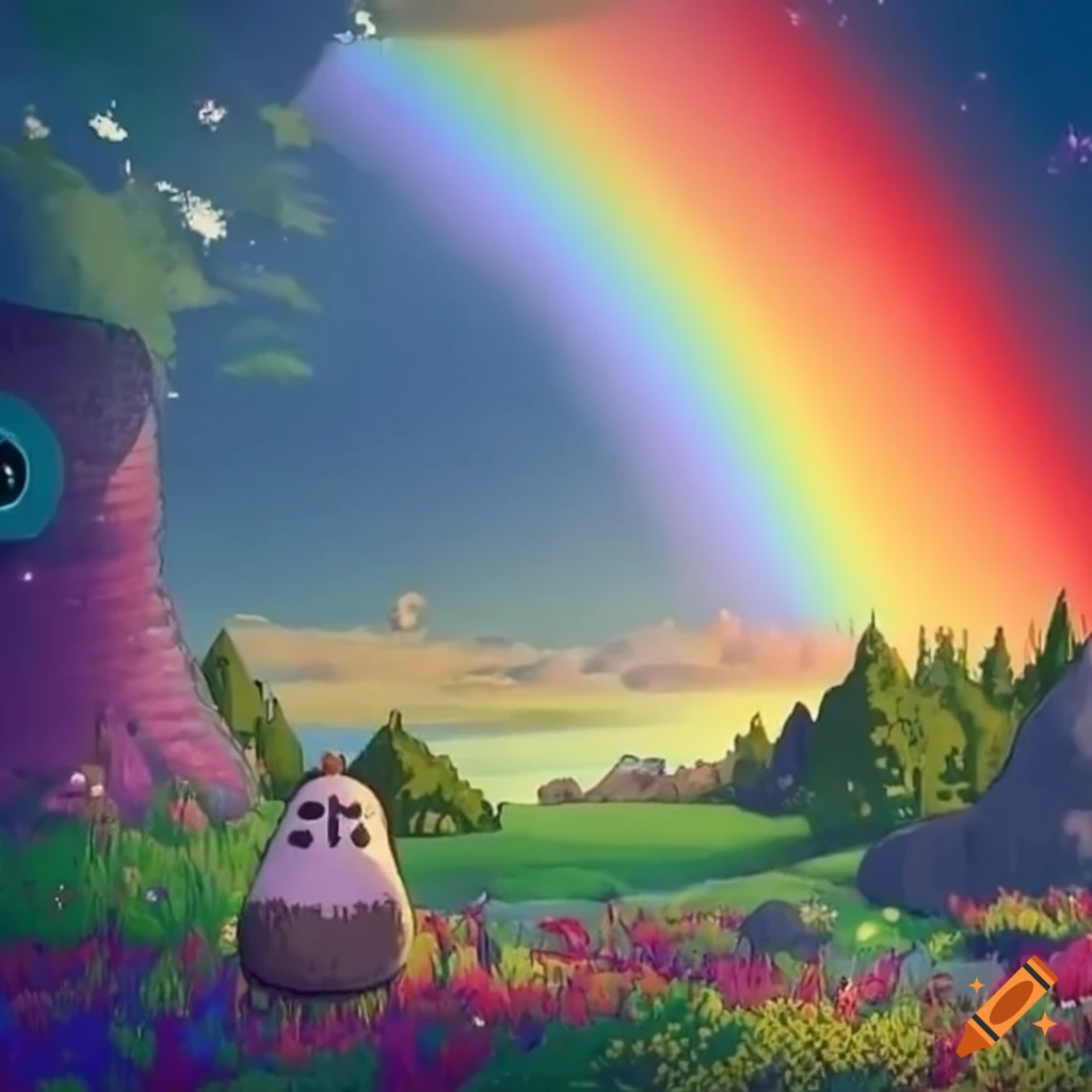 Rainbow over a magical landscape with a matryoshka on Craiyon