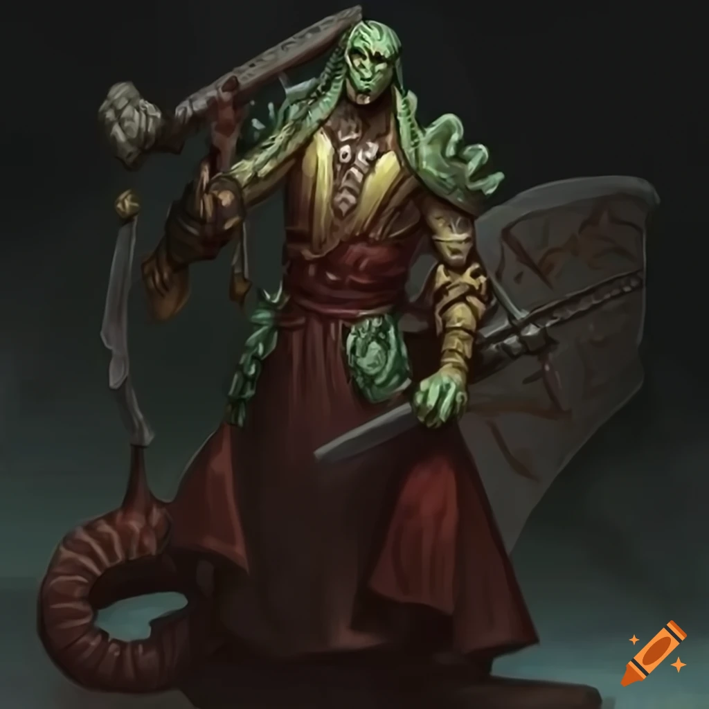 Illustration of a d&d yuan-ti snakeperson foot soldier on Craiyon