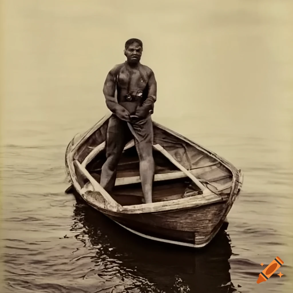 1860's black and white photo of a man on a river boat on Craiyon