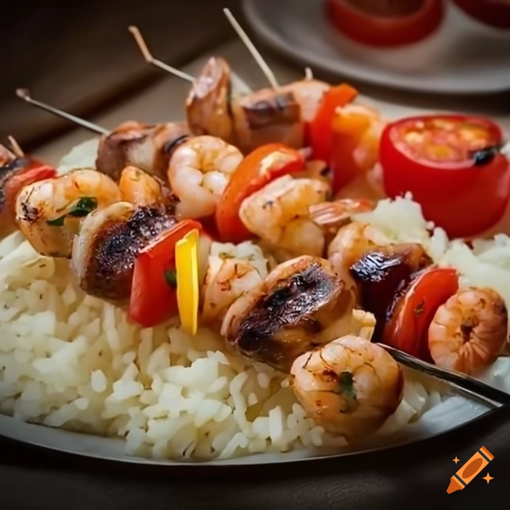 Sizzling grilled shrimp and sausage kabob on a bed of rice on Craiyon