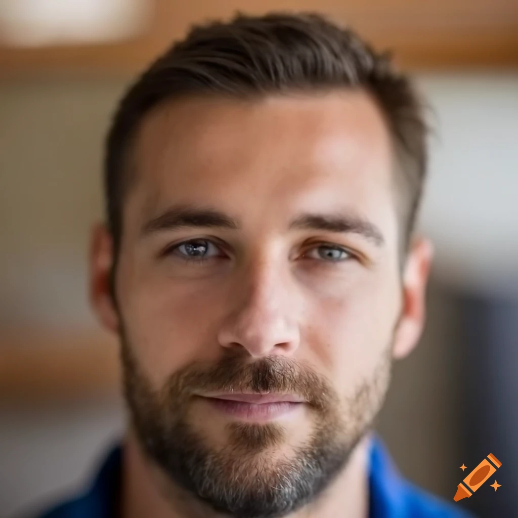 Middle-aged man with blue eyes and brown hair in a wooded area on Craiyon