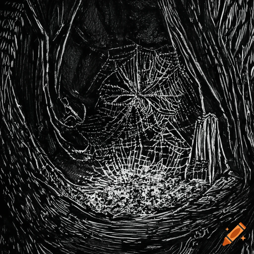 Rough sketch of a spider den in a cave on Craiyon