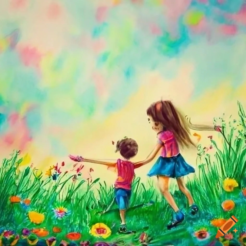 Colorful drawing of children playing on a flowery meadow on Craiyon