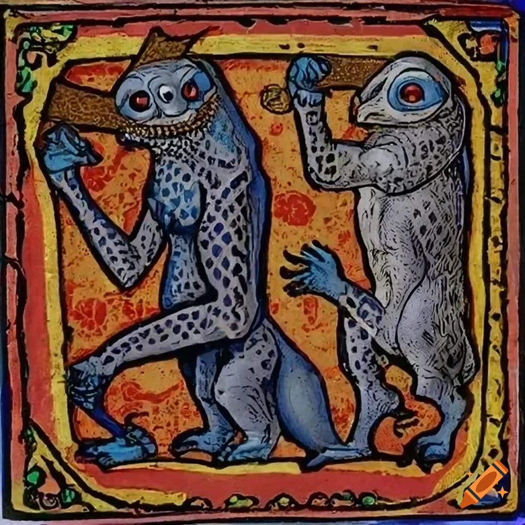 Graphic illustration of creatures from a Medieval Bestiary on Craiyon
