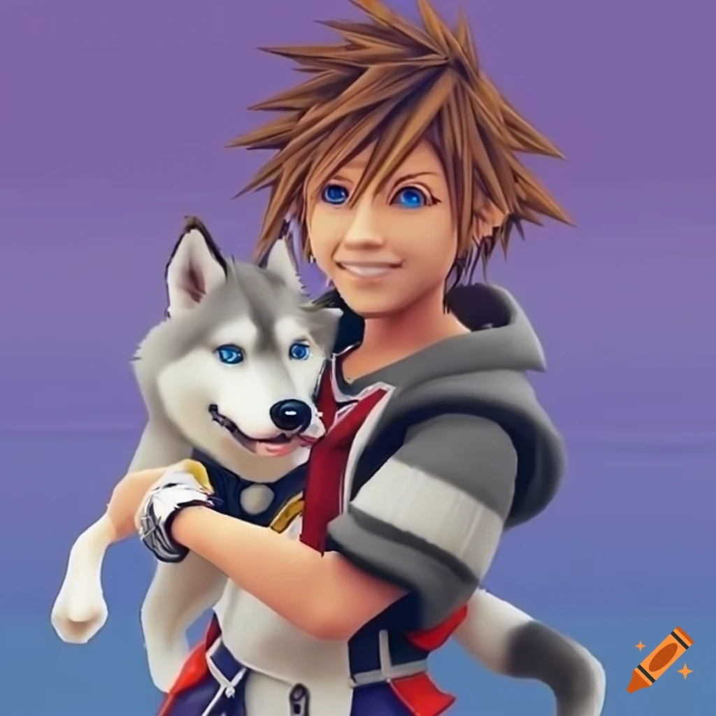 Sora from kingdom hearts with a husky