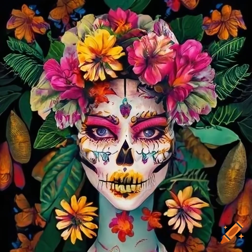 Mexican catrina art with colorful flowers on Craiyon