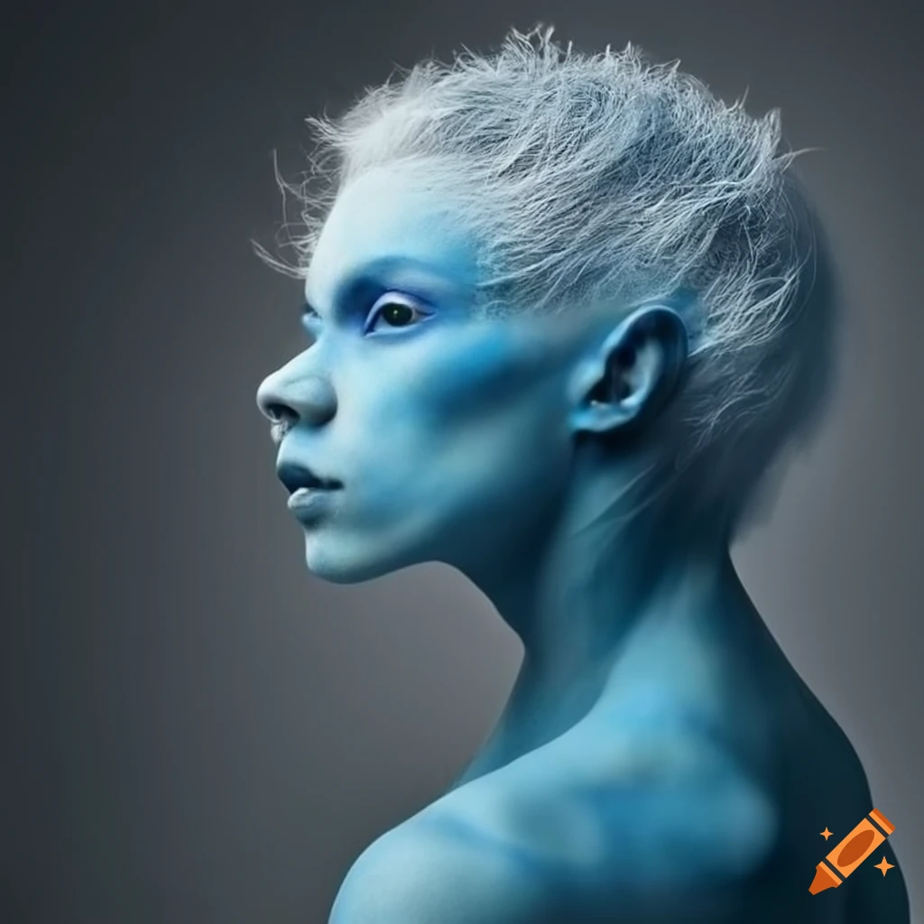 Character design of a blue-skinned alien with white hair on Craiyon