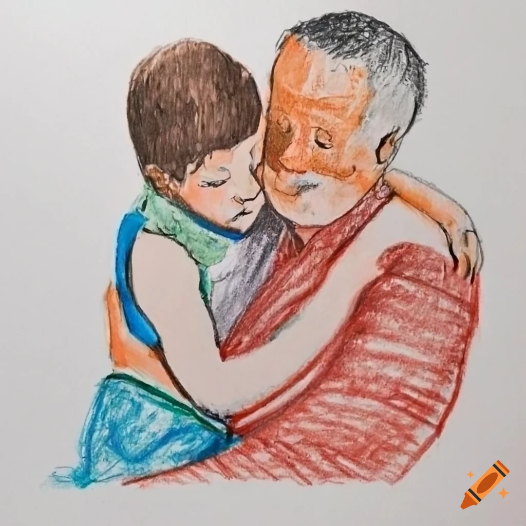 Crayon drawing of a child hugging his grandfather on Craiyon
