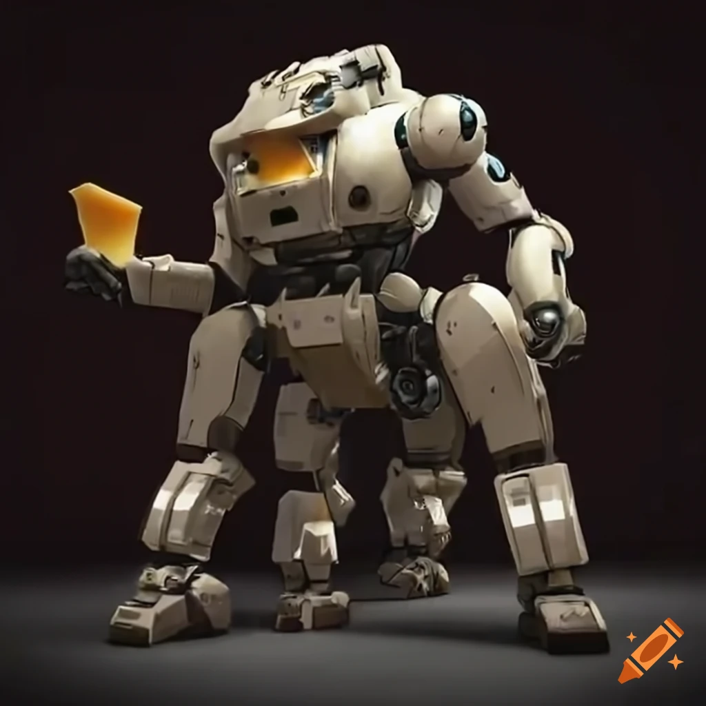 Illustration of a weasel in a mech suit eating cheese on Craiyon