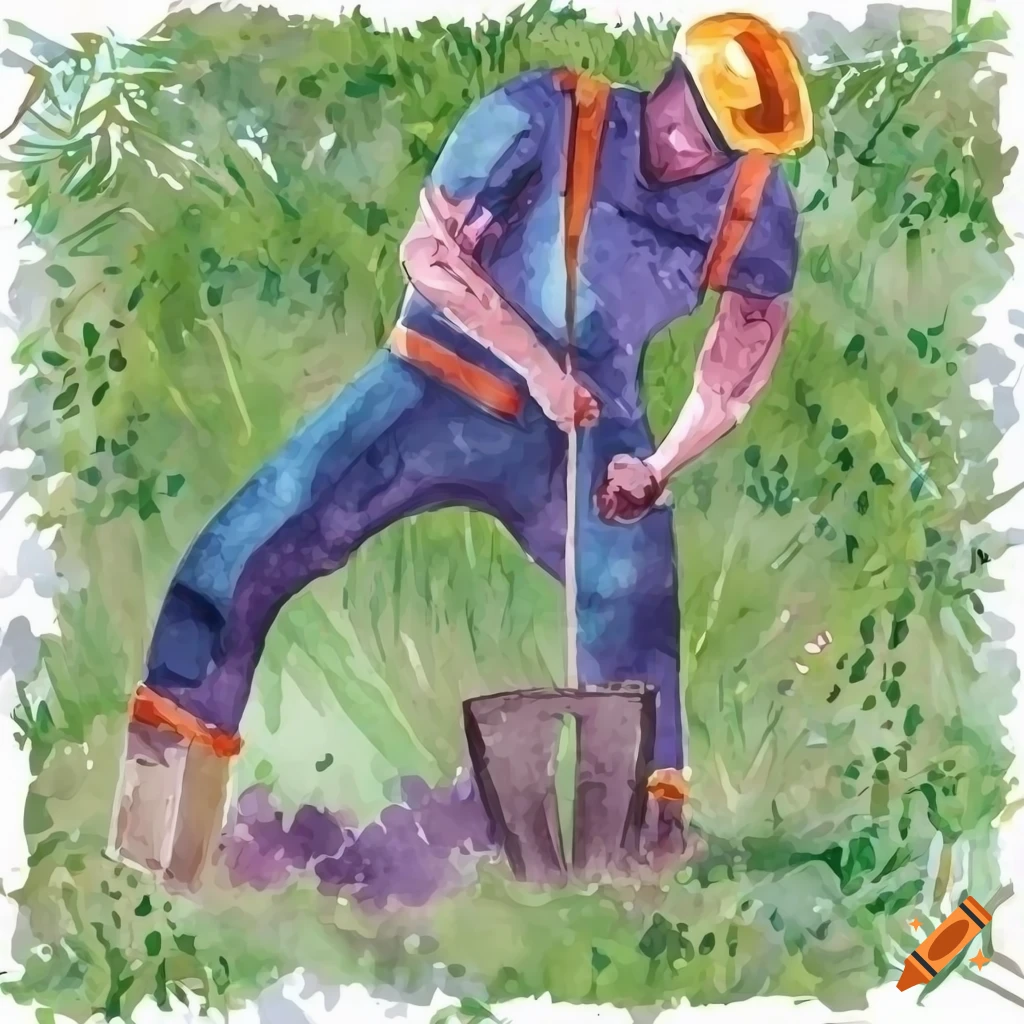 Watercolor illustration of a construction worker digging with a shovel
