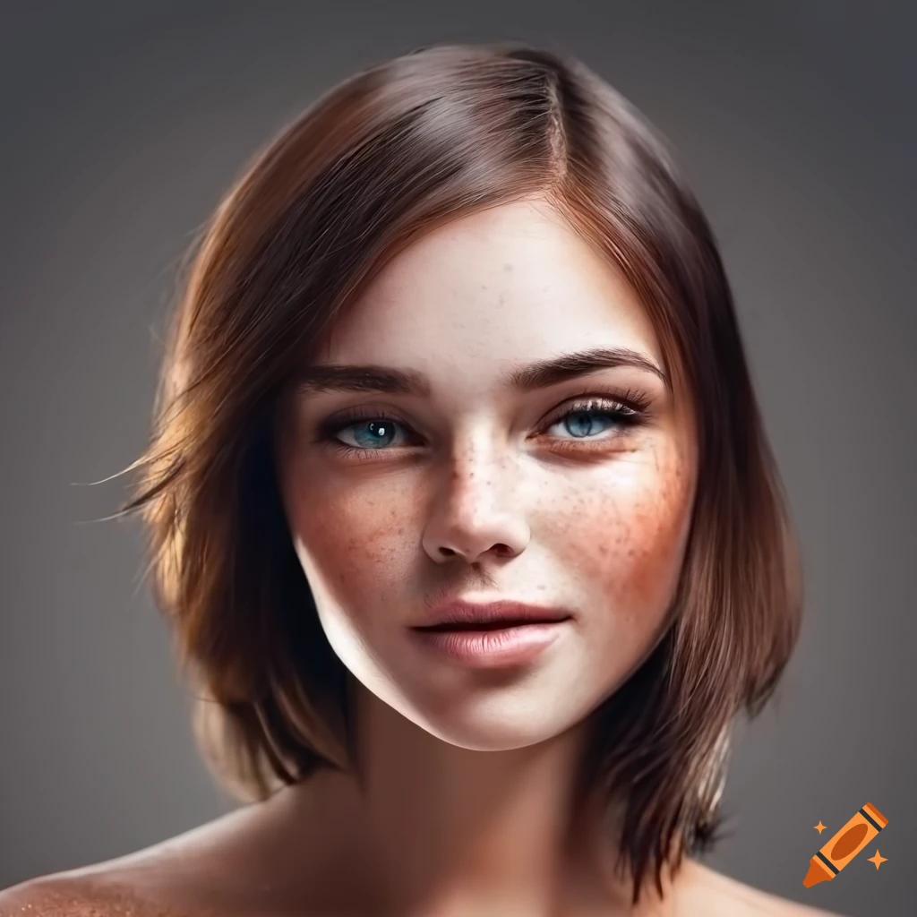 Portrait of a beautiful young woman with freckles and wavy brown hair on Craiyon
