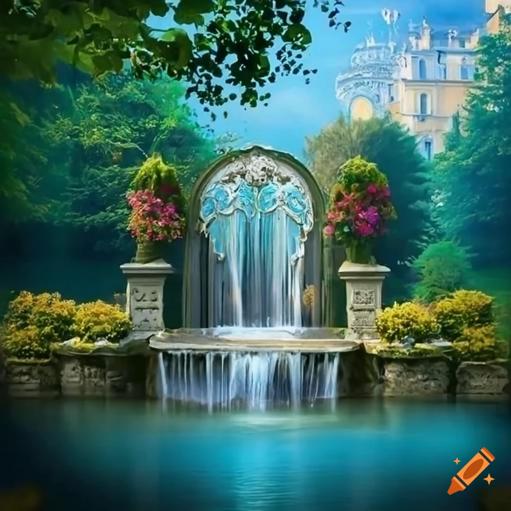 Beautiful Victorian garden balcony with a pond and cascading waterfall ...