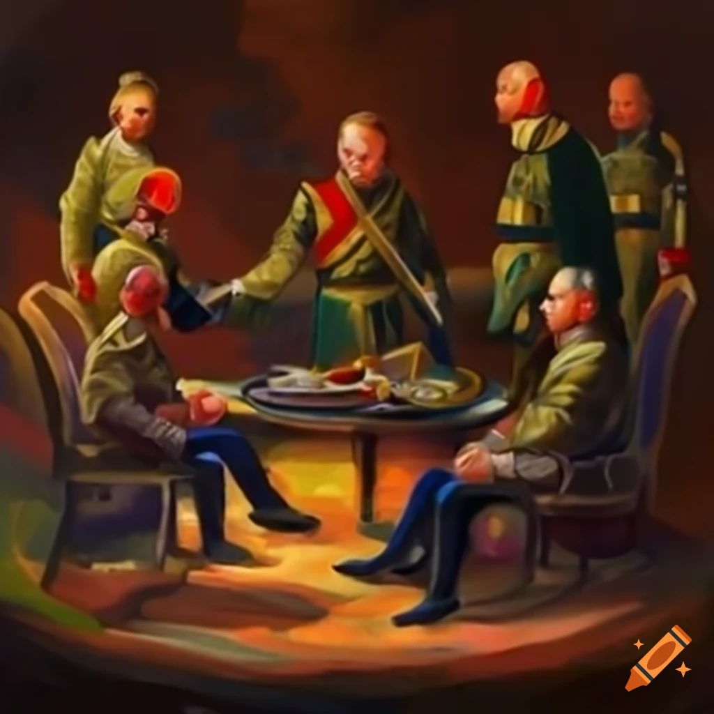 Oil painting of male and female soldiers shaking hands on Craiyon