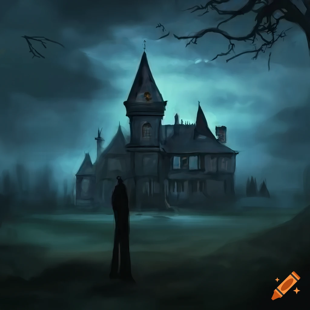 Dark painting of a man in front of a vampire manor on Craiyon