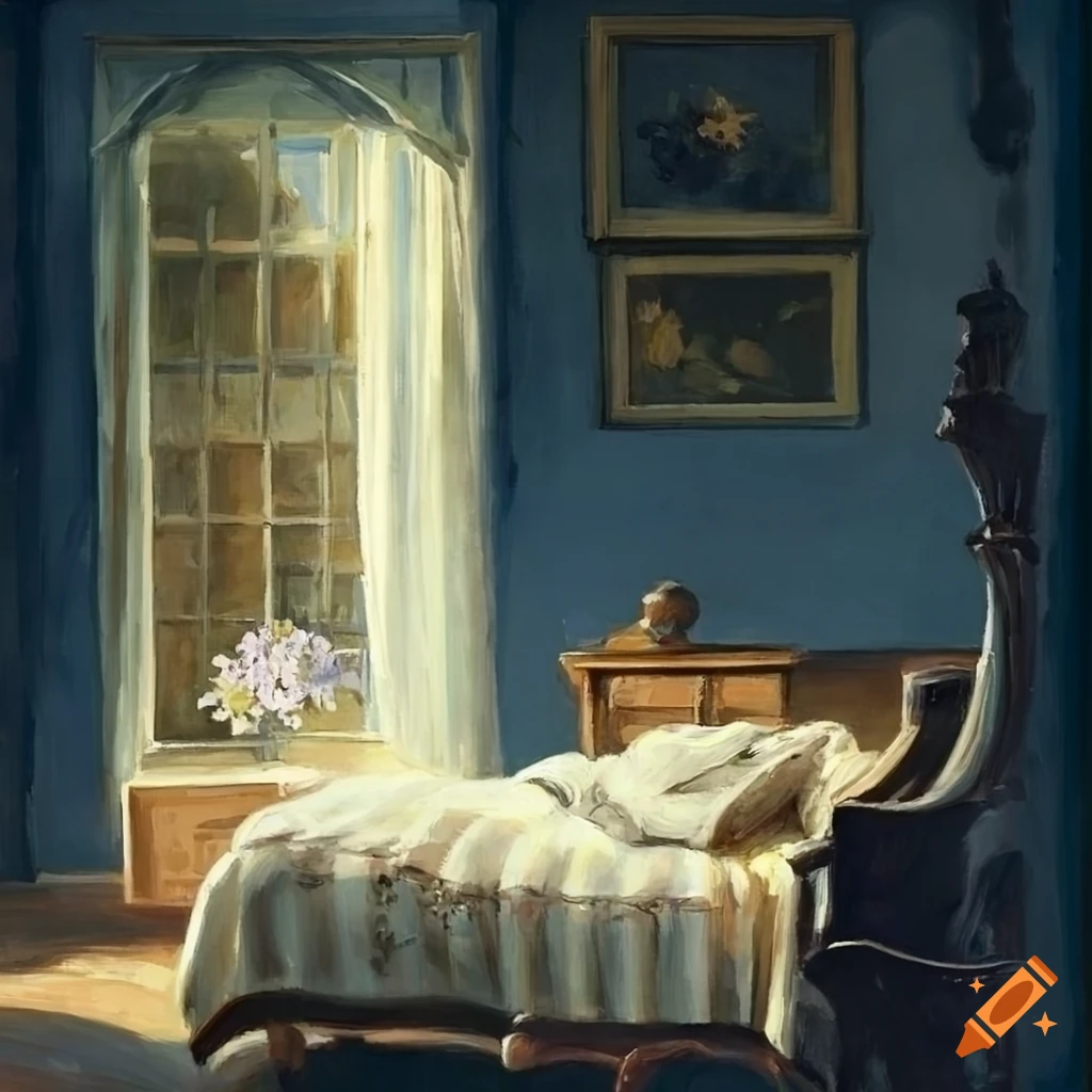 Attic bedroom adorned with oil paintings on Craiyon