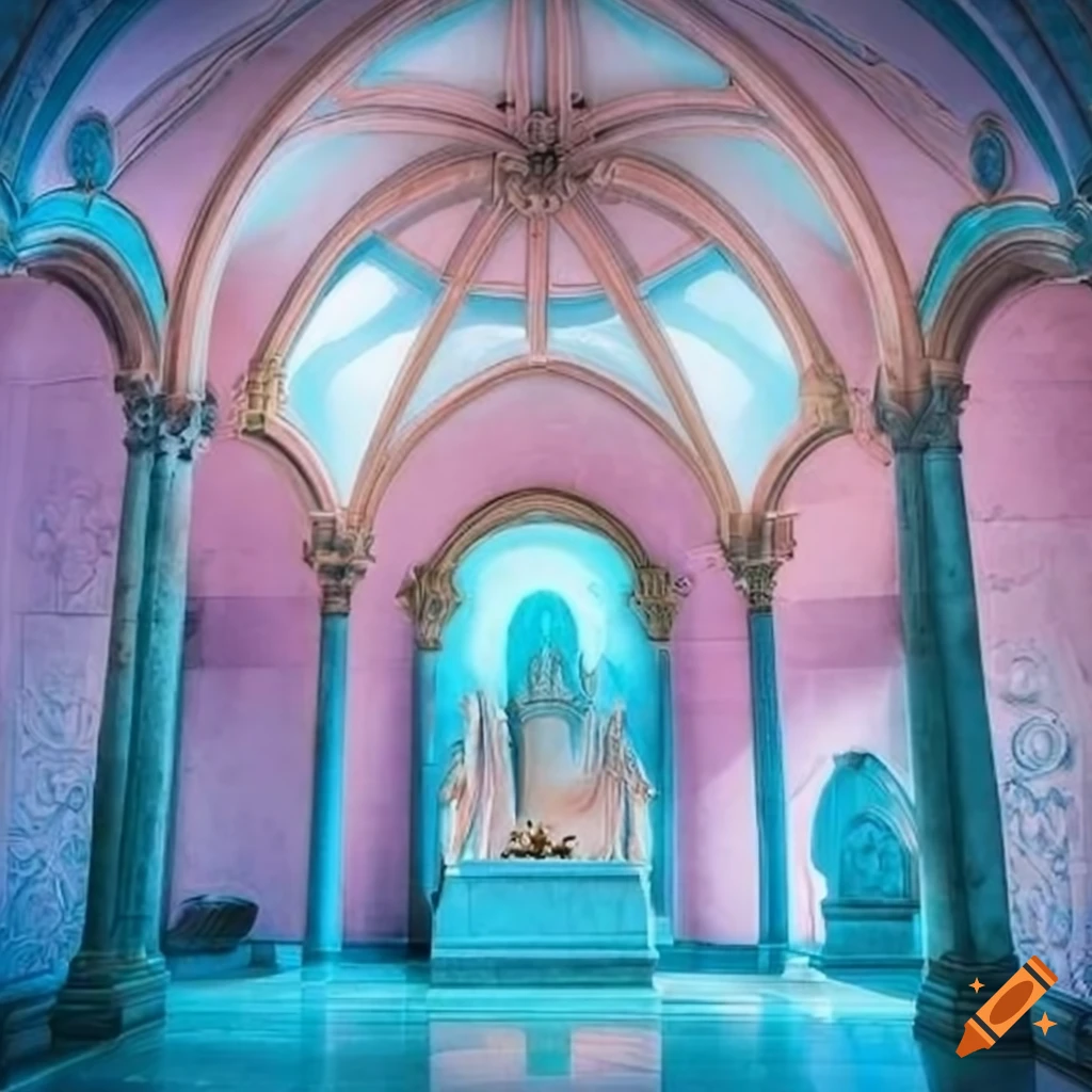 Luxurious pastel pink and blue cemetery crypt on Craiyon