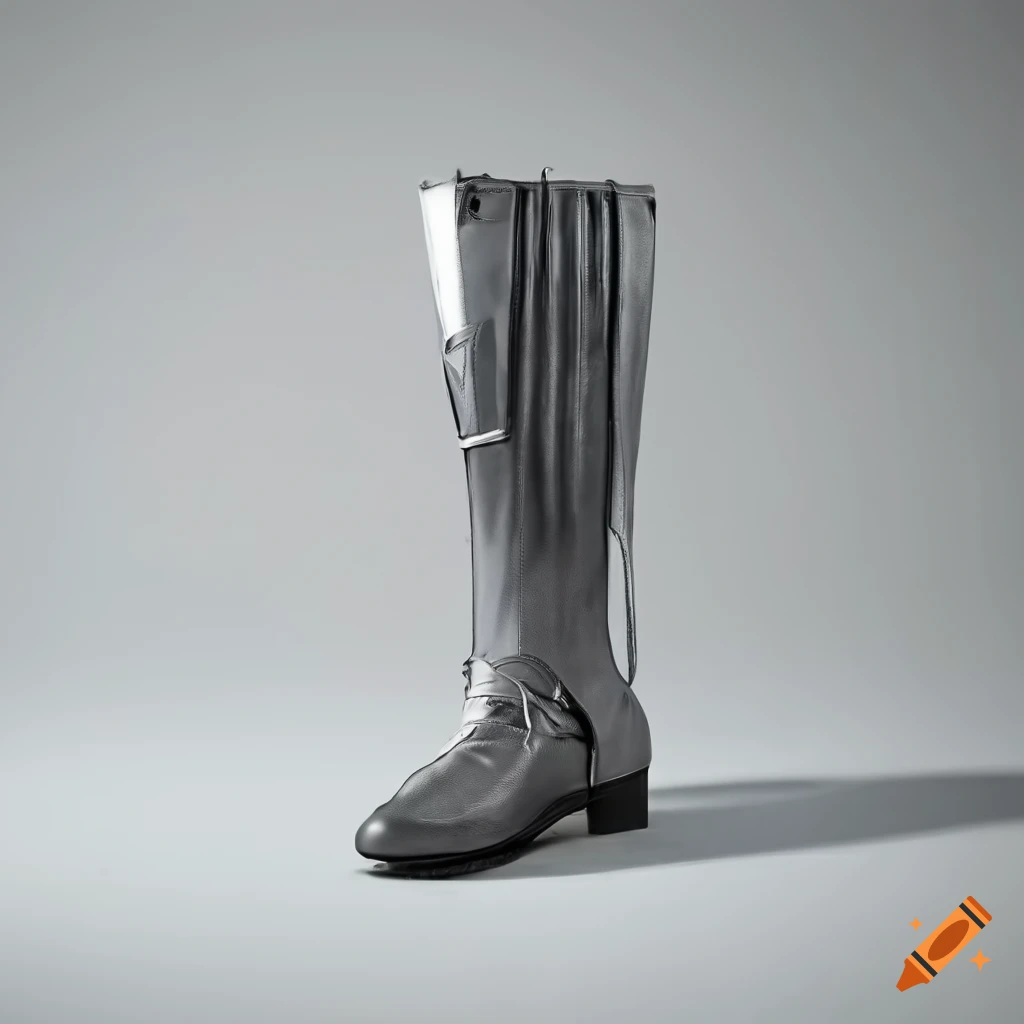 Decorative metal ribbed thigh boot in a white room on Craiyon