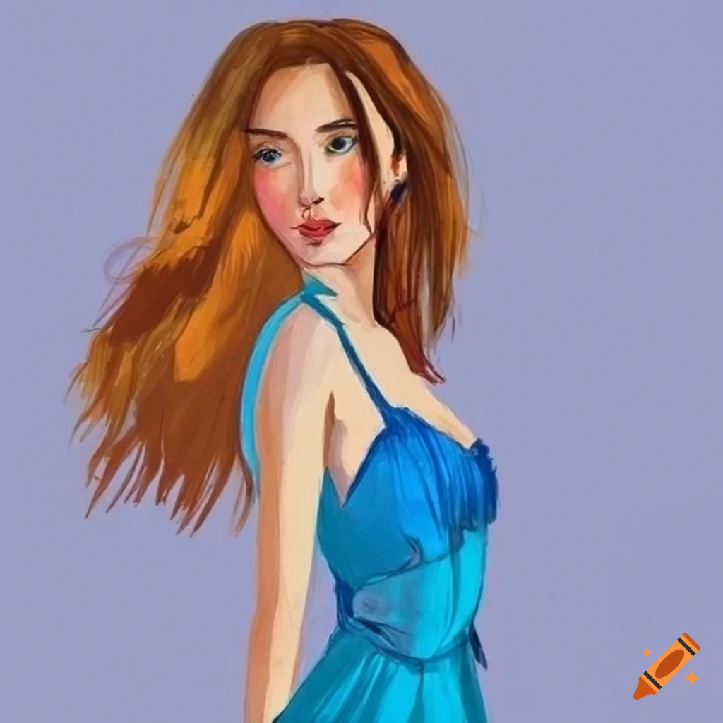 Drawing of a young woman in a blue sun dress on Craiyon