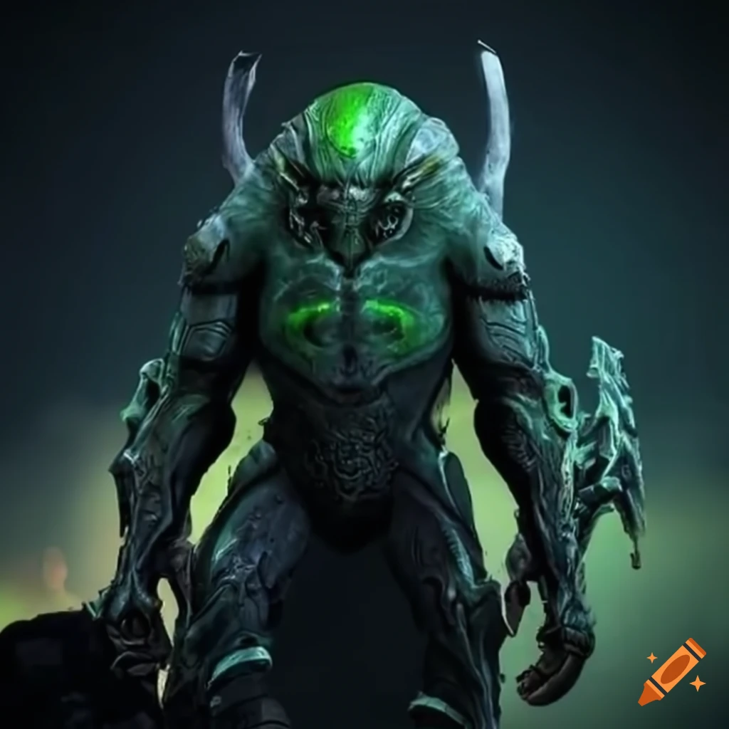Green Tharax alien in armor with a big gun on Craiyon