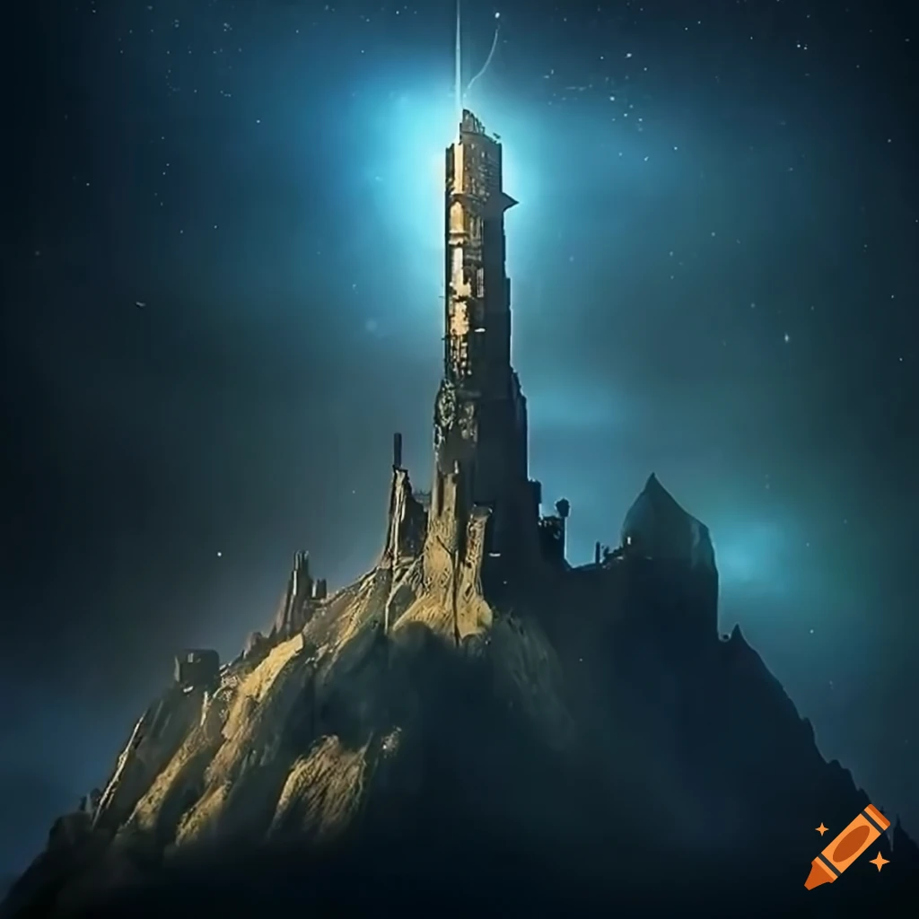 Image of a mysterious tower on a mountain under a starry sky on Craiyon