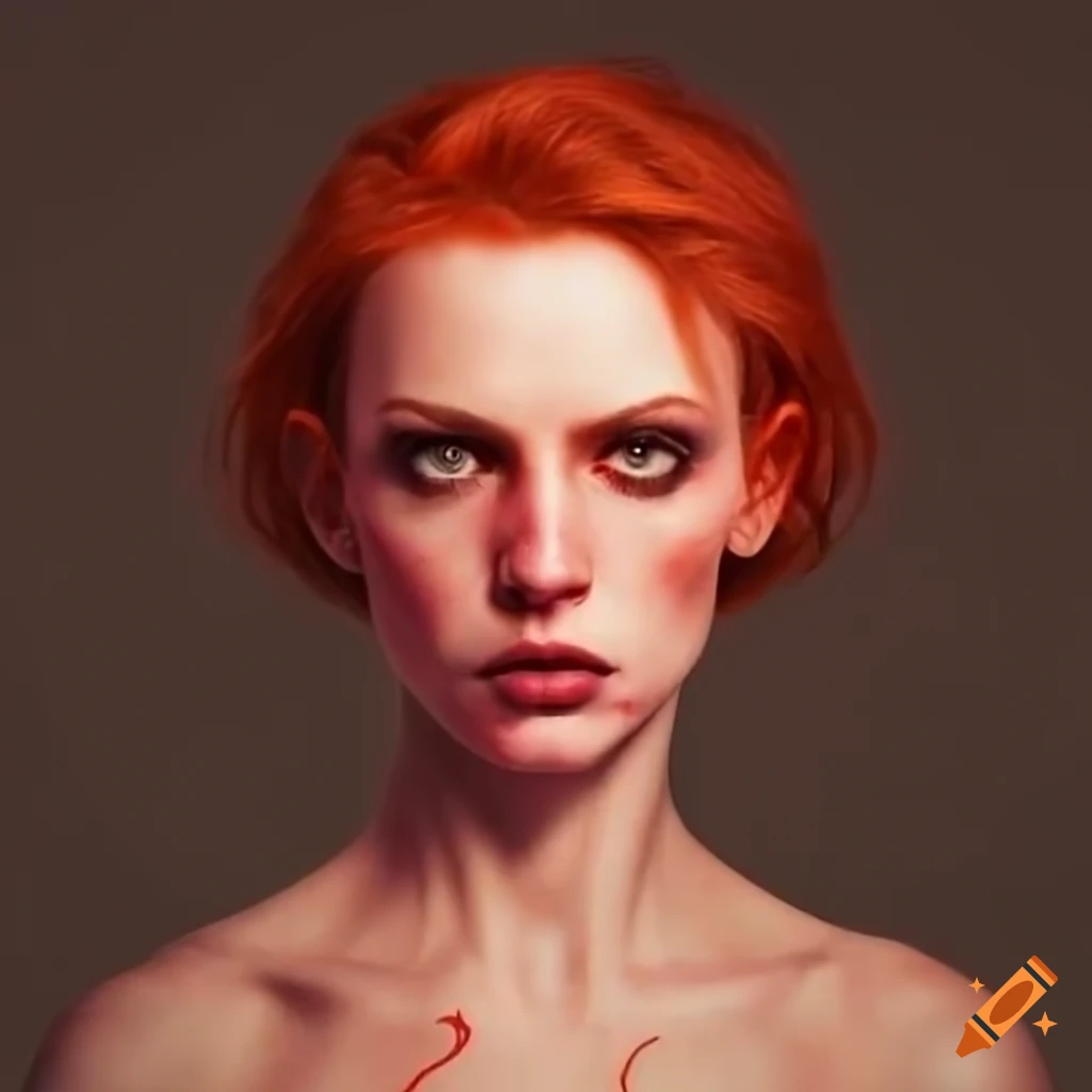 Image of a fierce woman with red hair and scars holding a dagger on Craiyon