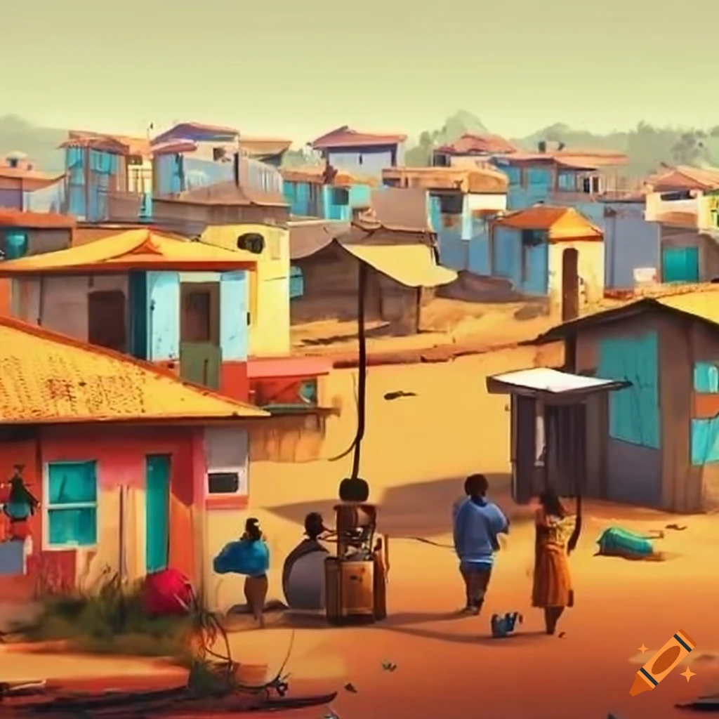 Sketch of an African township with poor infrastructure on Craiyon