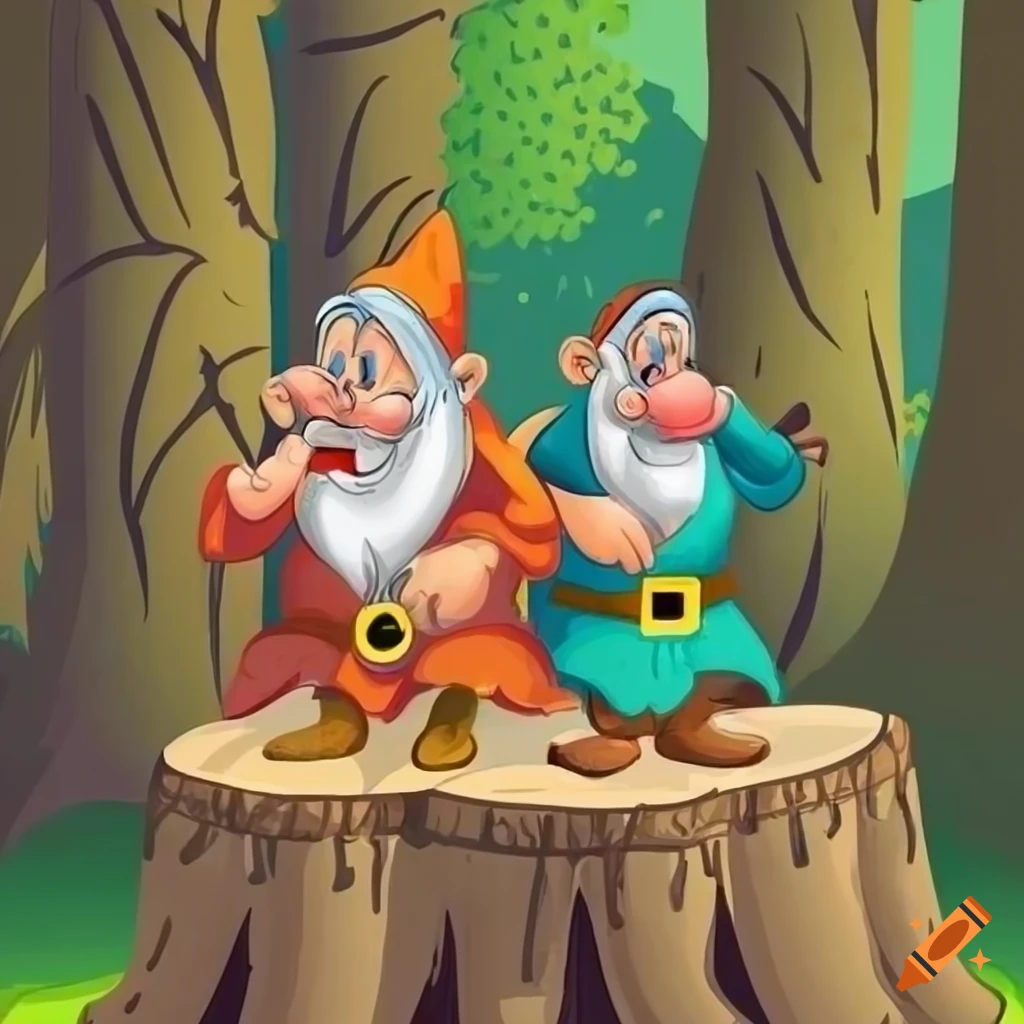 Cartoon image of five dwarfs celebrating in the forest on Craiyon