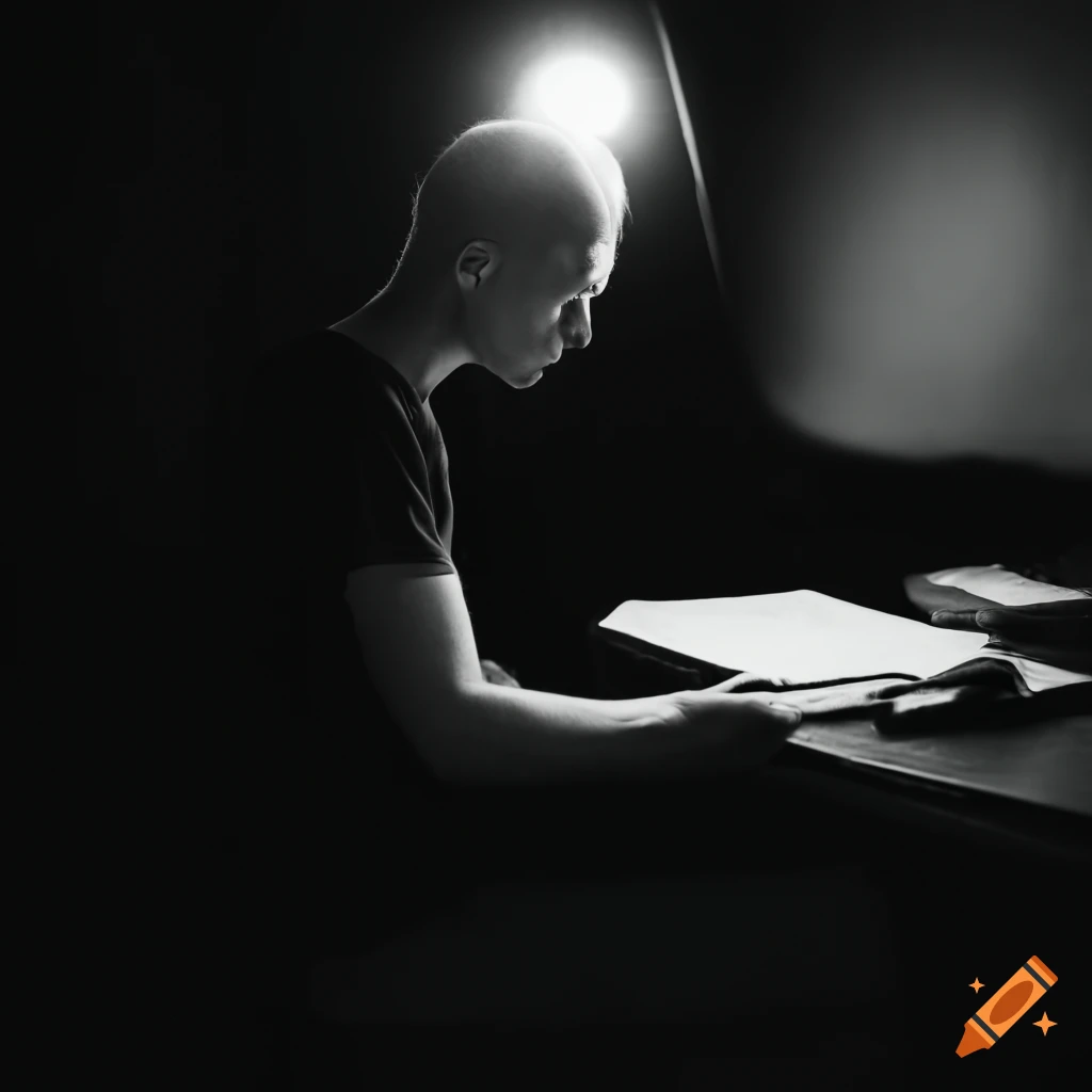 Black and white photo of a man studying in the dark