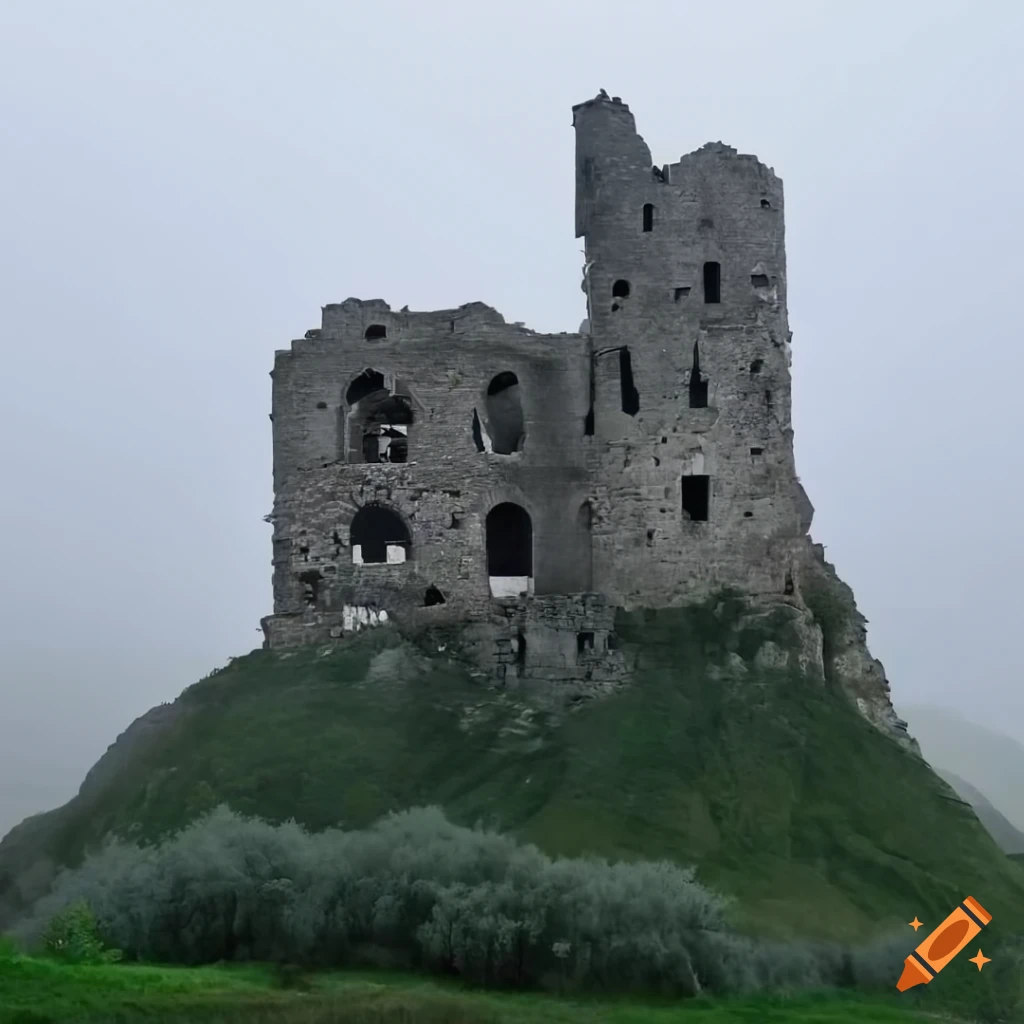 Mysterious castle ruins surrounded by mist on Craiyon